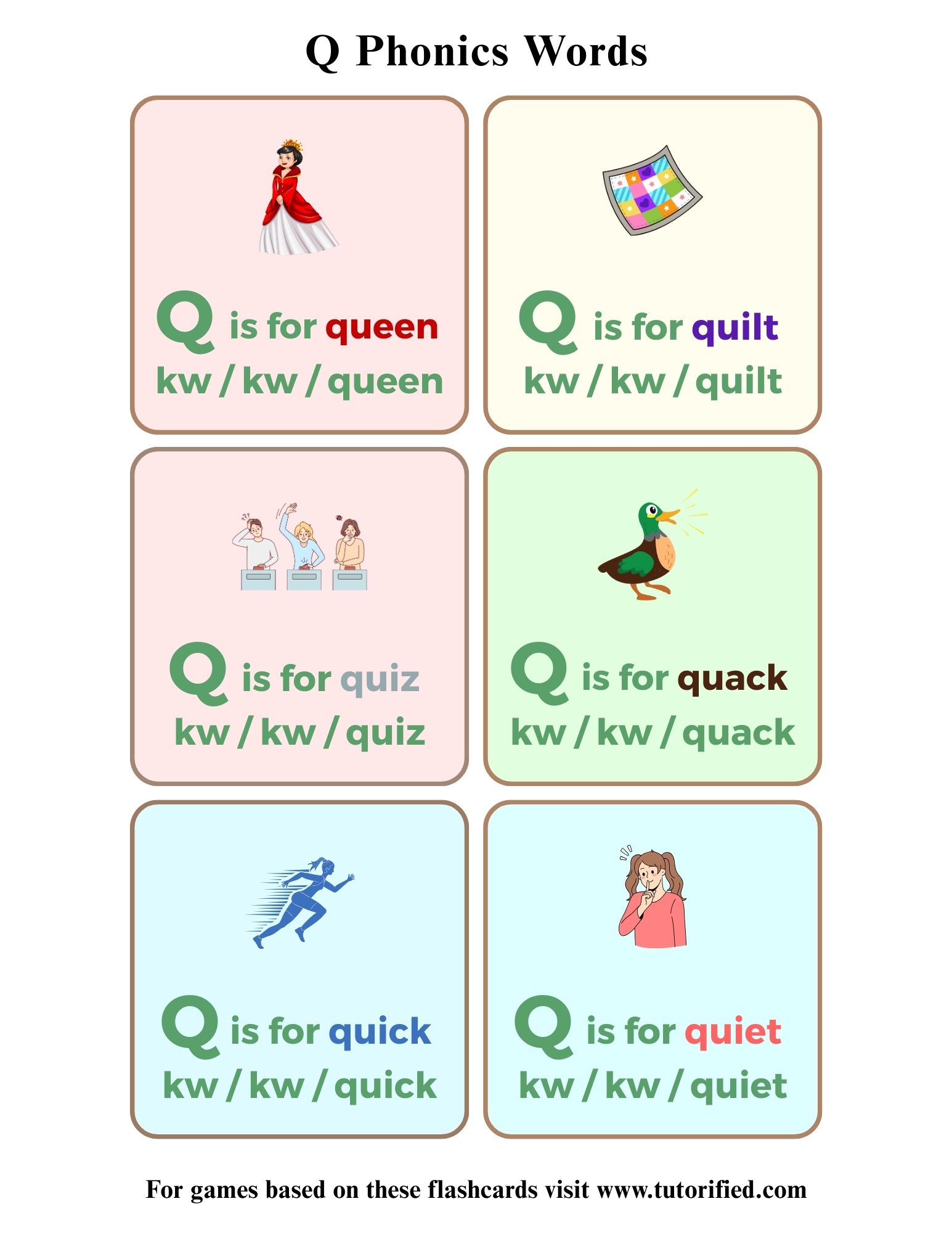 Q Phonics Words Worksheets with Pictures Printable PDF