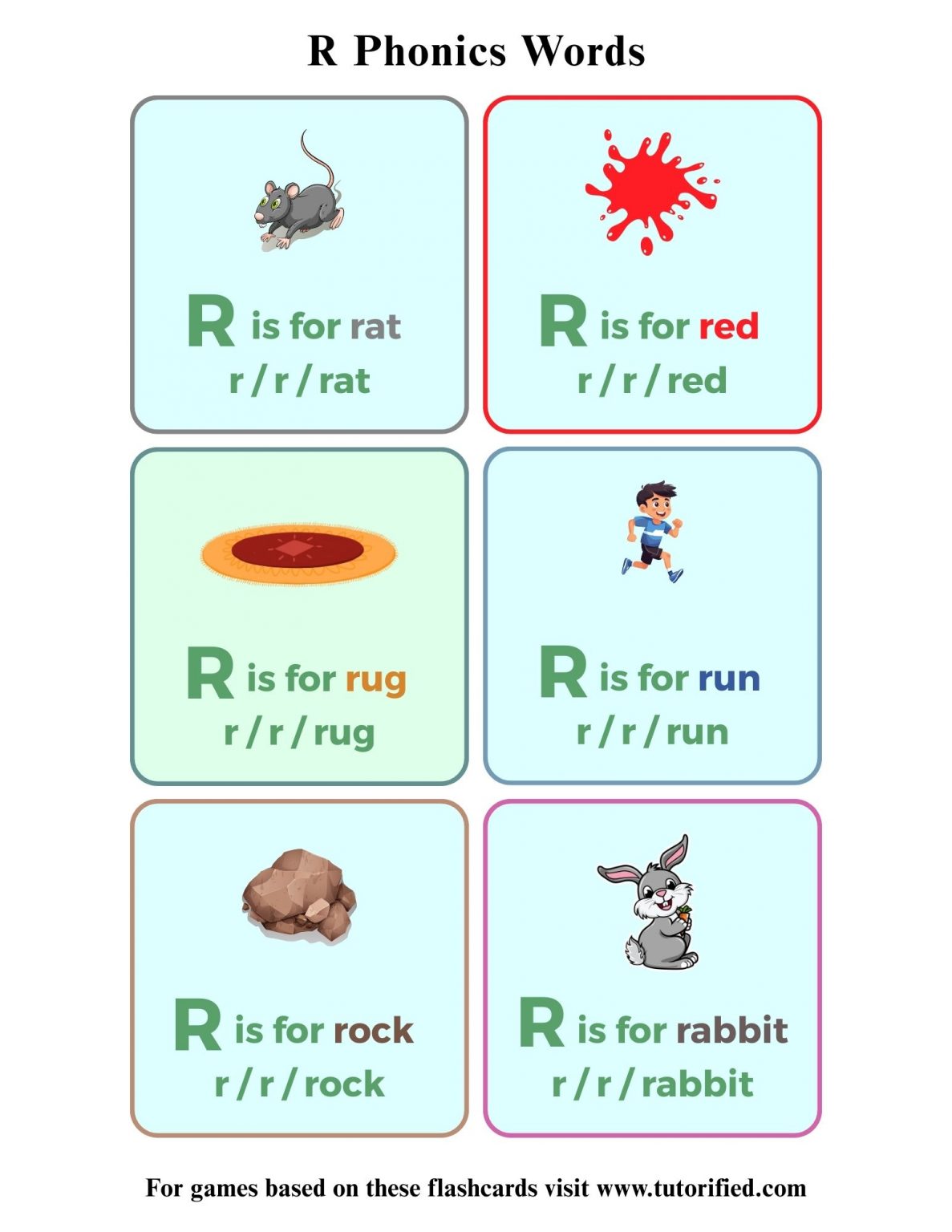 R Phonics Words Worksheets with Pictures Printable PDF