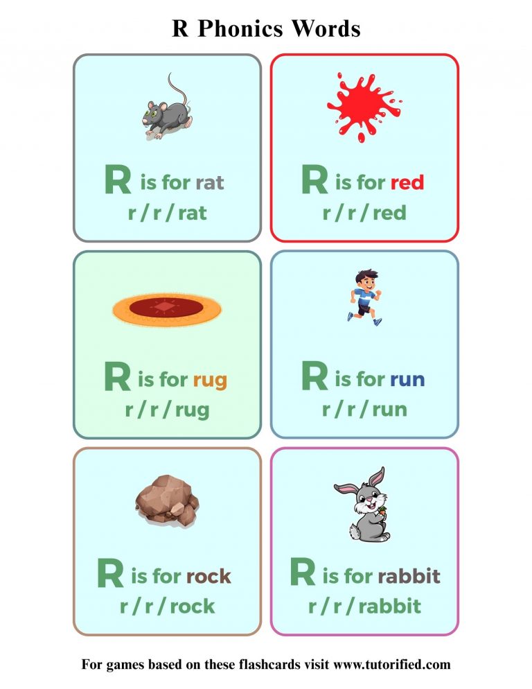R Phonics Words Worksheets with Pictures Printable PDF
