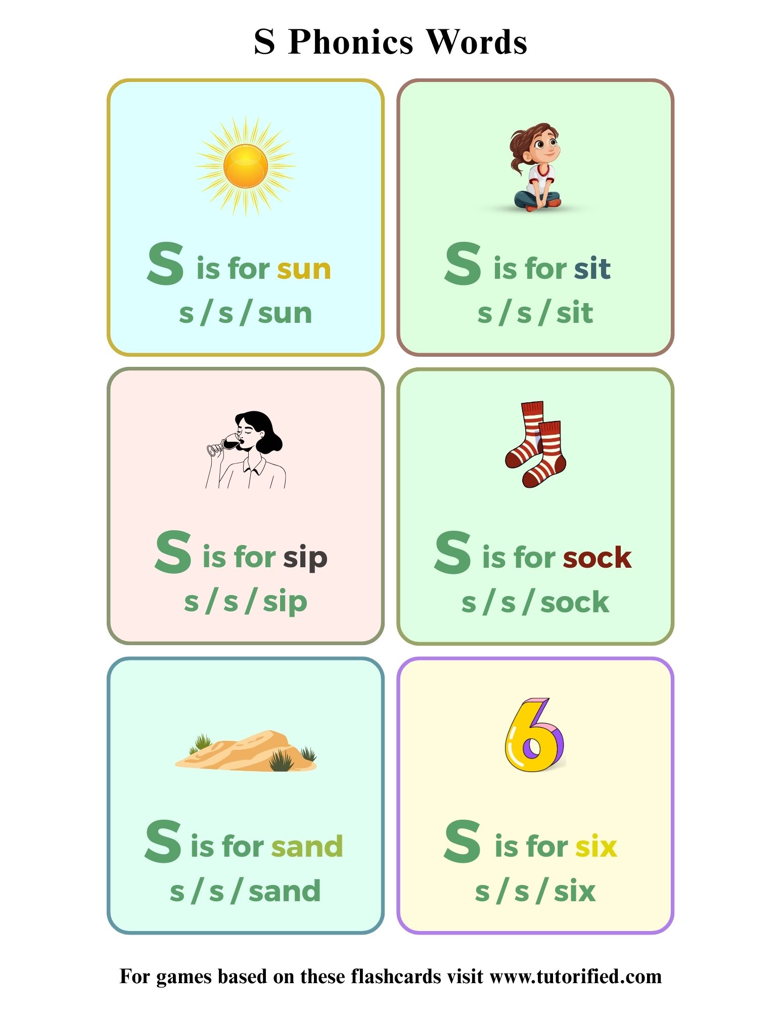 S Phonics Words Worksheets with Pictures Printable PDF