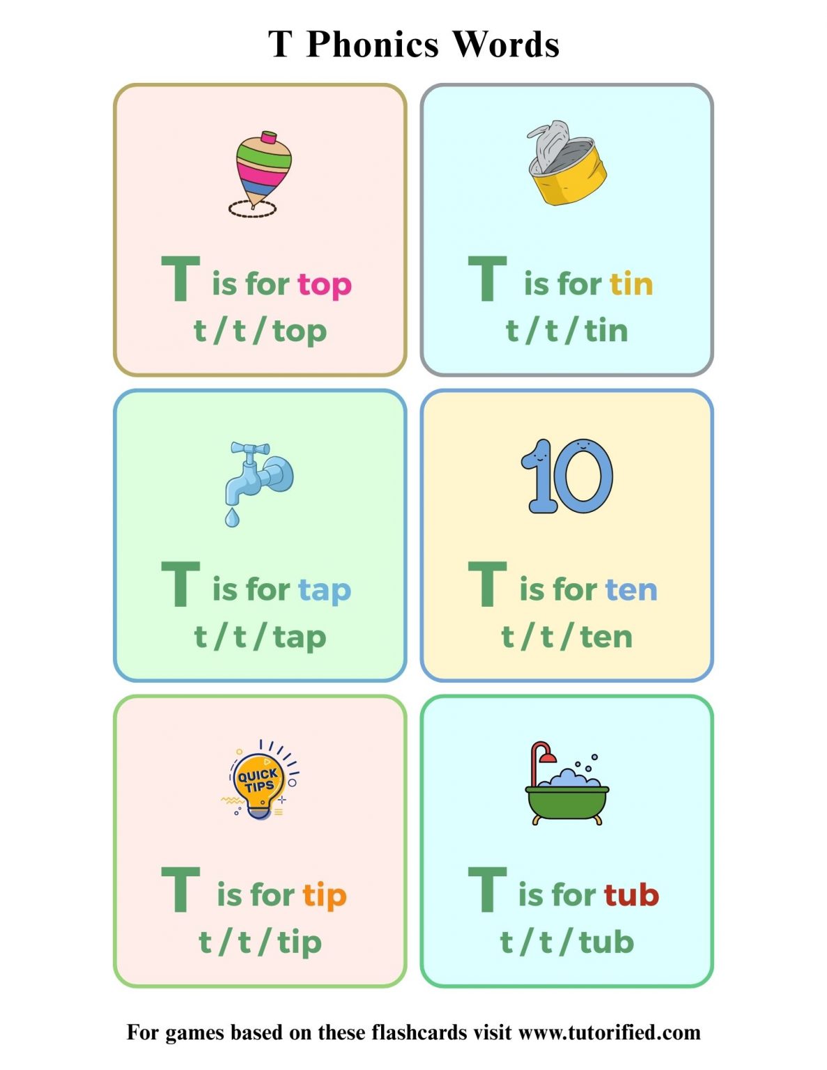 T Phonics Words Worksheets with Pictures Printable PDF
