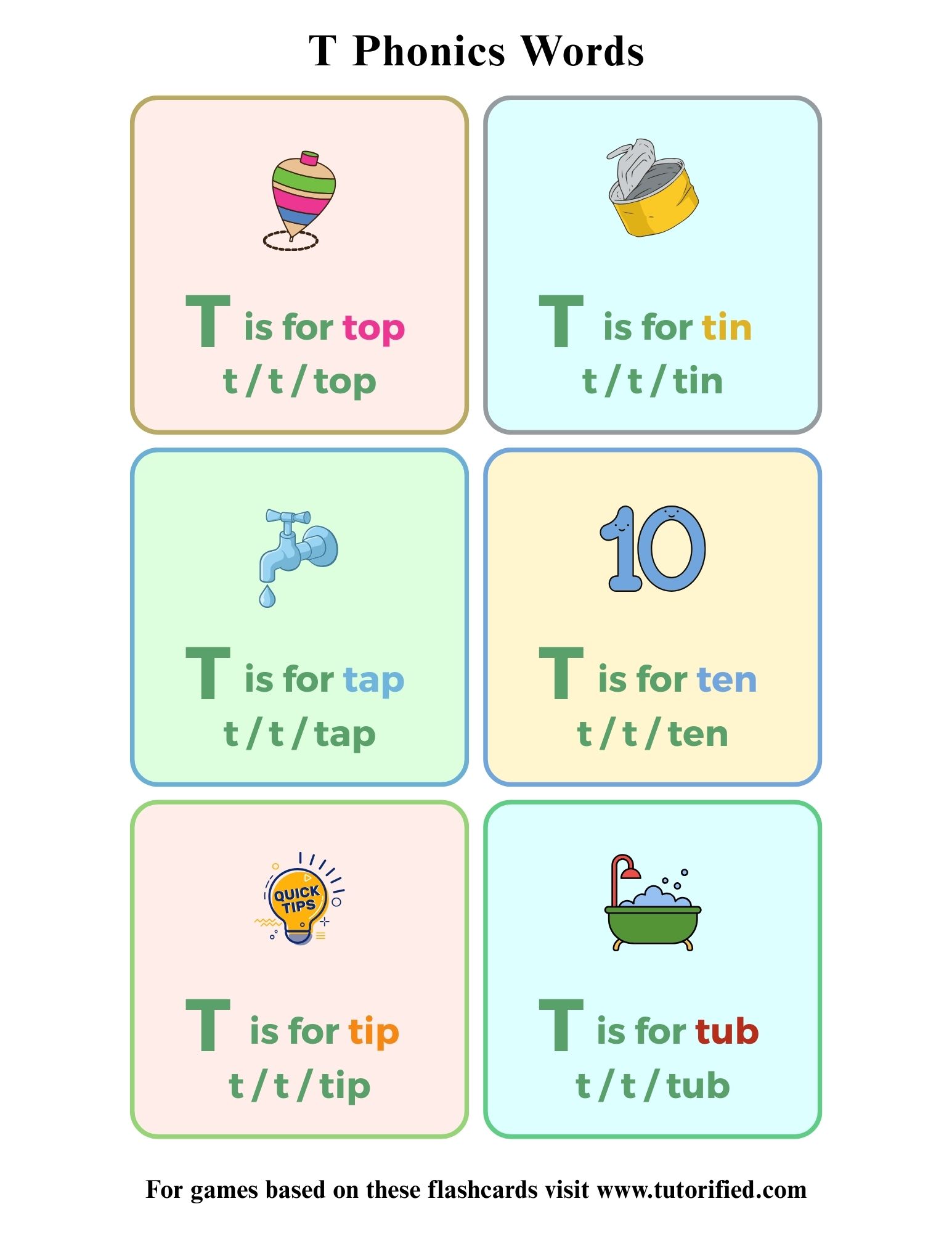 T Phonics Words Worksheets with Pictures Printable PDF