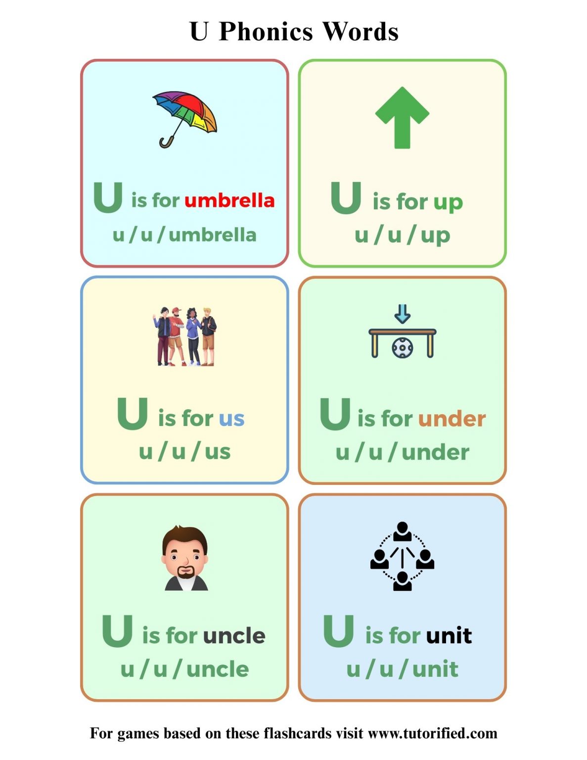 U Phonics Words Worksheets with Pictures Printable PDF