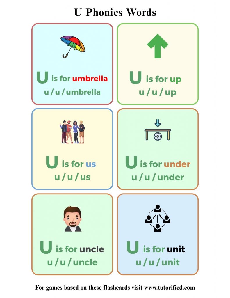 U Phonics Words Worksheets with Pictures Printable PDF