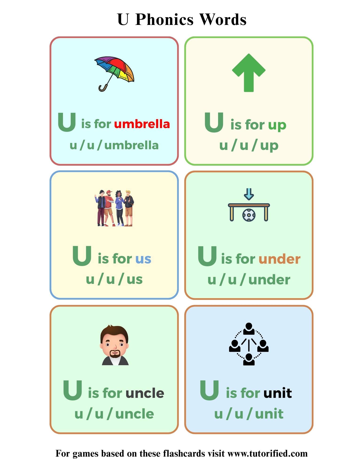 U Phonics Words Worksheets with Pictures Printable PDF