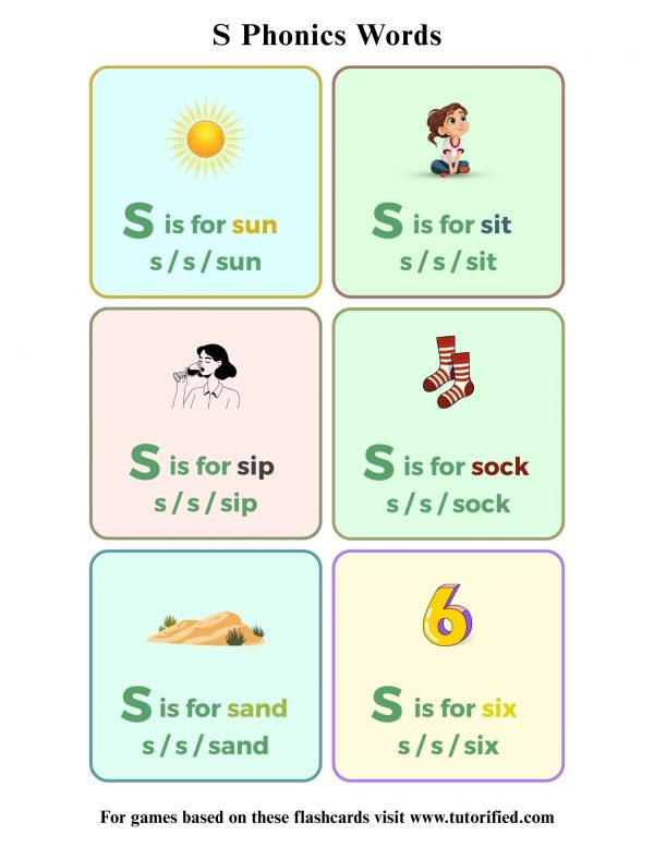 S Phonics Words Worksheets with Pictures Printable PDF