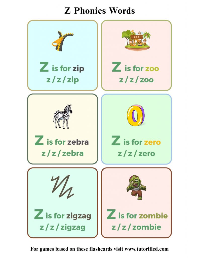 Z Phonics Words Worksheets with Pictures Printable PDF
