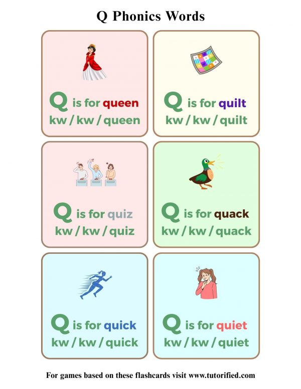 Q Phonics Words Worksheets with Pictures Printable PDF