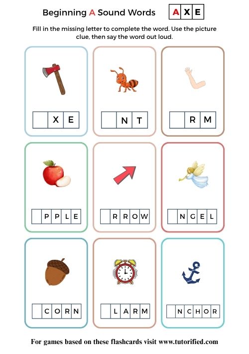 Free Beginning A Letter Words with Pictures Flashcards Worksheets
