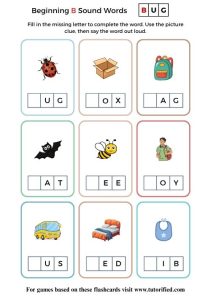 Free Beginning B Letter Words with Pictures Flashcards Worksheets
