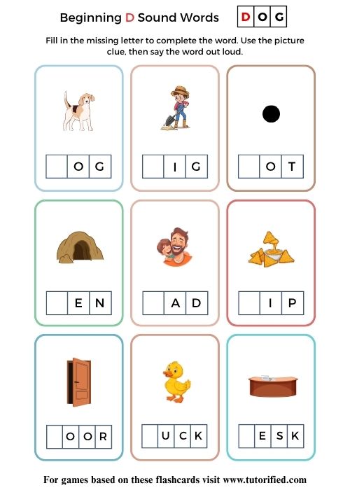 Free Beginning D Letter Words with Pictures Flashcards Worksheets