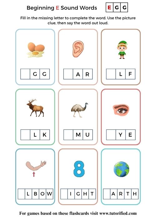 Free Beginning E Letter Words with Pictures Flashcards Worksheets