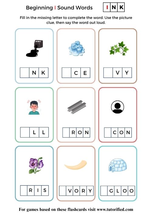 Free Beginning I Letter Words with Pictures Flashcards Worksheets