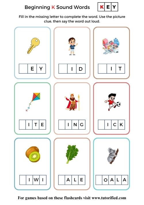 Free Beginning K Letter Words with Pictures Flashcards Worksheets