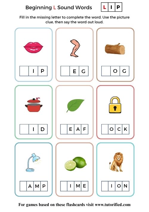 Free Beginning L Letter Words with Pictures Flashcards Worksheets