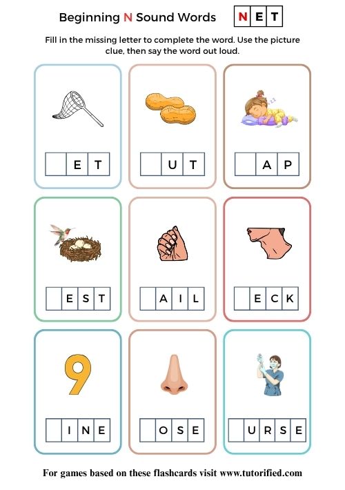 Free Beginning N Letter Words with Pictures Flashcards Worksheets