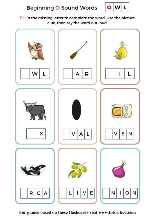 Free Beginning O Letter Words with Pictures Flashcards Worksheets
