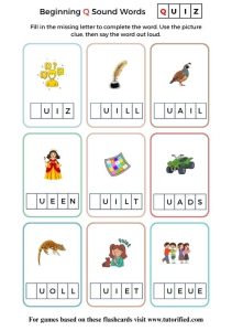Free Beginning Q Letter Words with Pictures Flashcards Worksheets