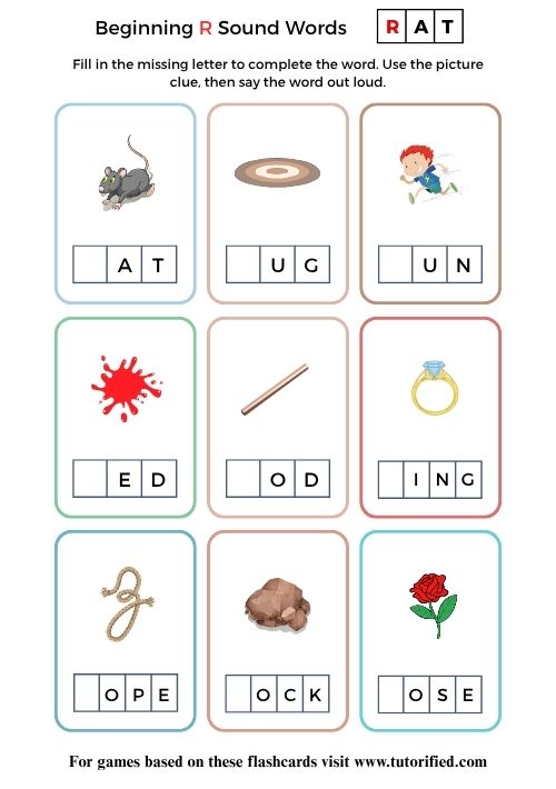 Free Beginning R Letter Words with Pictures Flashcards Worksheets