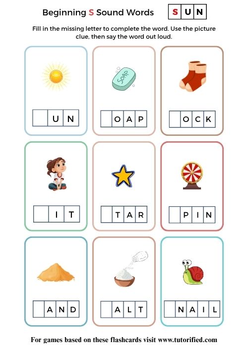 Free Beginning S Letter Words with Pictures Flashcards Worksheets