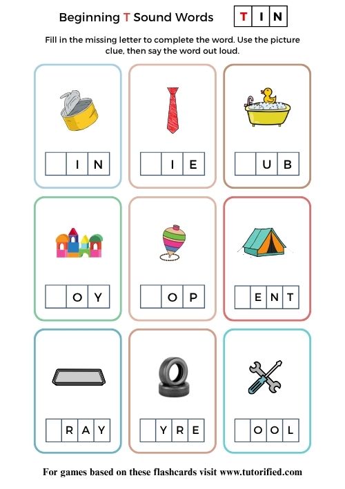 Free Beginning T Letter Words with Pictures Flashcards Worksheets