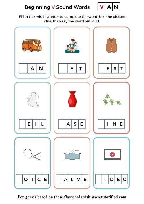 Free Beginning V Letter Words with Pictures Flashcards Worksheets