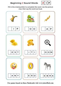 Free Beginning Z Letter Words with Pictures Flashcards Worksheets