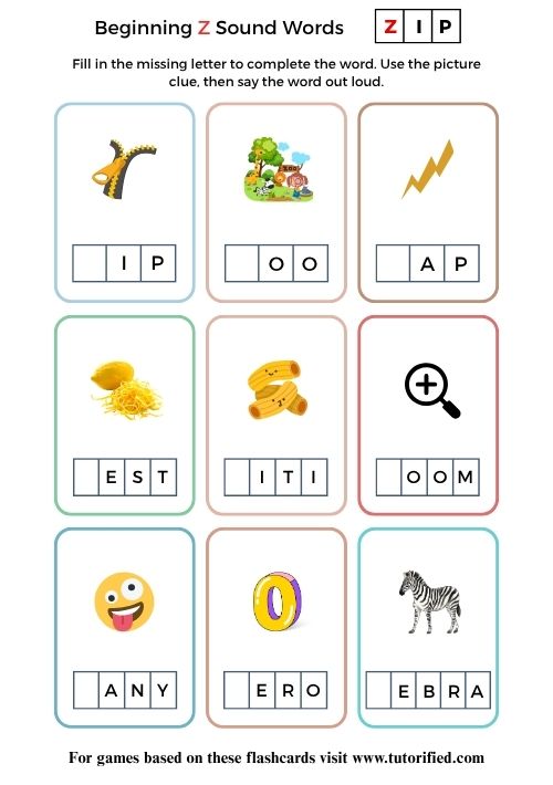 Free Beginning Z Letter Words with Pictures Flashcards Worksheets